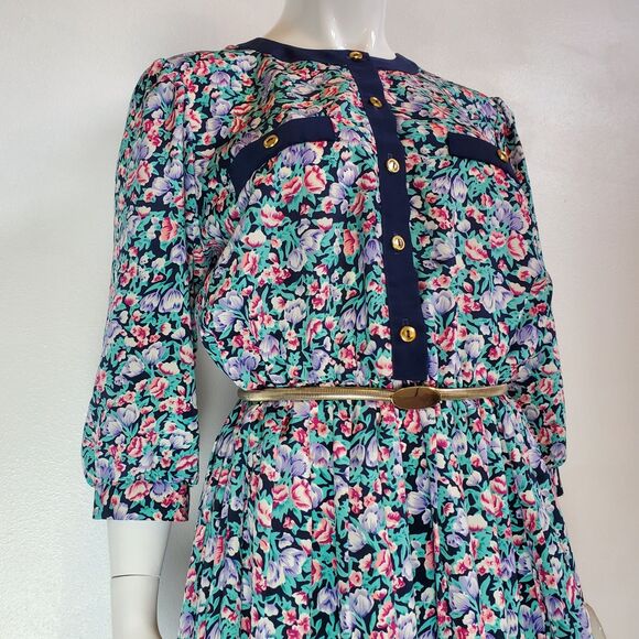 Vintage | Dresses | Vintage 8s Breli Navy Floral Midi Dress | Poshmark